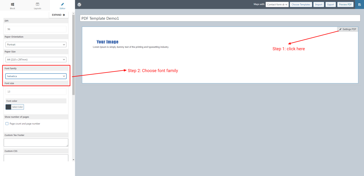 Add New Fonts - Set Default Font - PDF WordPress Plugin For Contact Form